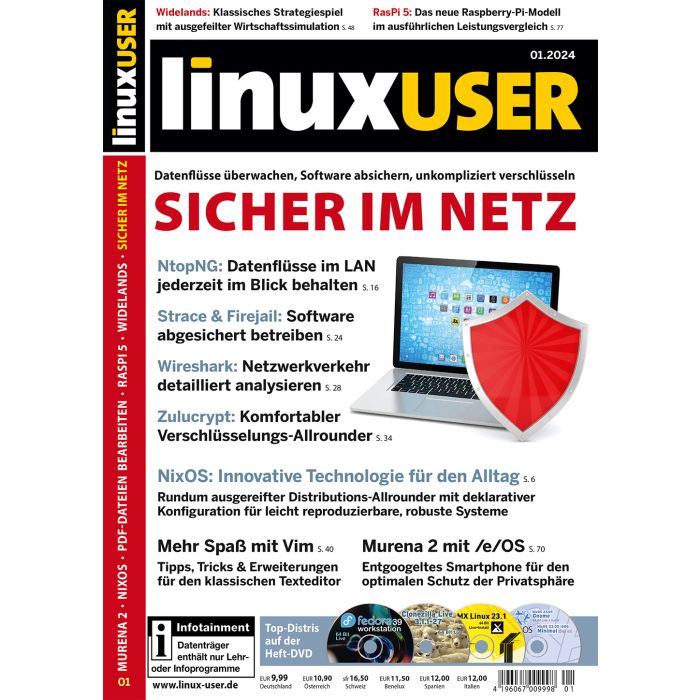 LinuxUser DVD 1/2024 "Sicher im Netz / DVD: Fedora 39 Workstation, NixOS 23.05 (64 Bit Gnome, 32 ...